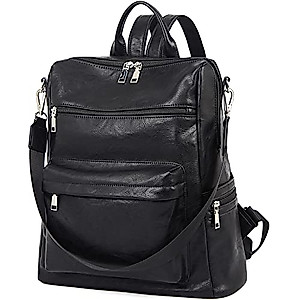 FOXLOVER Leather Backpacks for Women Fashion Travel Large Purse Ladies Shoulder Satchel Bag (Black)