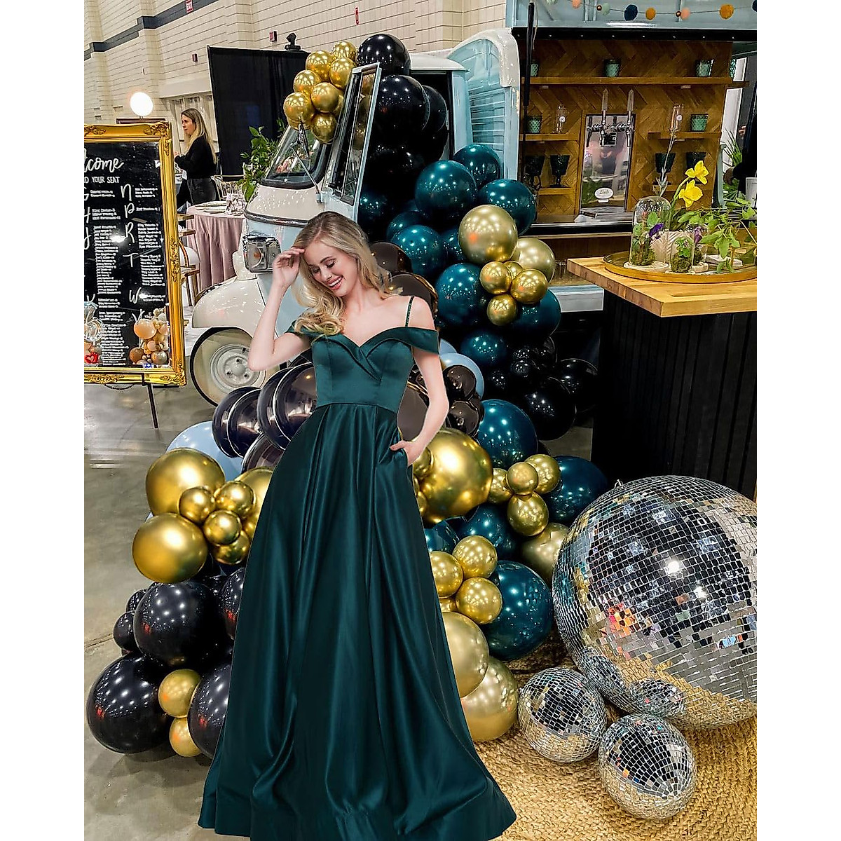 Chrome dark Teal and gold black Balloon Garland Kit 170Pcs Double-Stuffed Navy Teal Blue With Starburst Balloons for Birthday anniversary Baby Shower 2024 graduation prom Luxury shop decorations