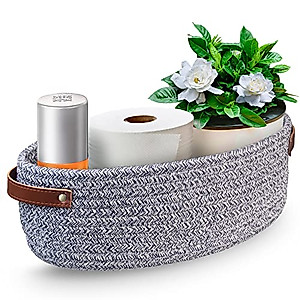 AmapleL Toilet Basket Tank Topper, Small Cotton Rope Woven Basket, Toilet Paper Basket with Handles, Storage Basket for Bathroom, 13"x5.9"x4" Blue
