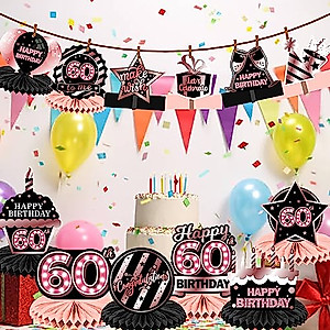 Happy 60th Birthday Rose Gold and Black Table Honeycomb Centerpieces Balloons Theme Decor Table Decorations Table Toppers for Girls Women Princess 60 Years Old Birthday Party Bday Supplies Background