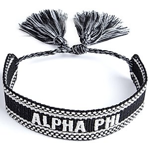 Sorority Shop Alpha Phi Bracelet — Woven Bracelet, Black and White Design with AP Sorority Name and Tassels, Greek Sorority Jewelry and Big Little Sorority Gifts