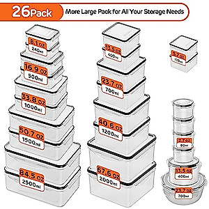 JSCARES 52 PCS Food Storage Container with Lid (26 Lids & 26 Containers) - Airtight Plastic Kitchen Organization Set Reusable Microwave/Freezer/Dishwasher Safe Meal Prep Container with Label & Pen