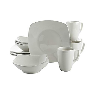 Gibson Home Amelia Court Porcelain Dinnerware set, Service for 4 (12pcs), White (Soft Square)