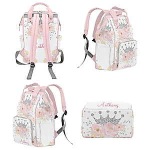 Floral Silver Crown Personalized Diaper Backpack with Name,Custom Travel DayPack for Nappy Mommy Nursing Baby Bag One Size