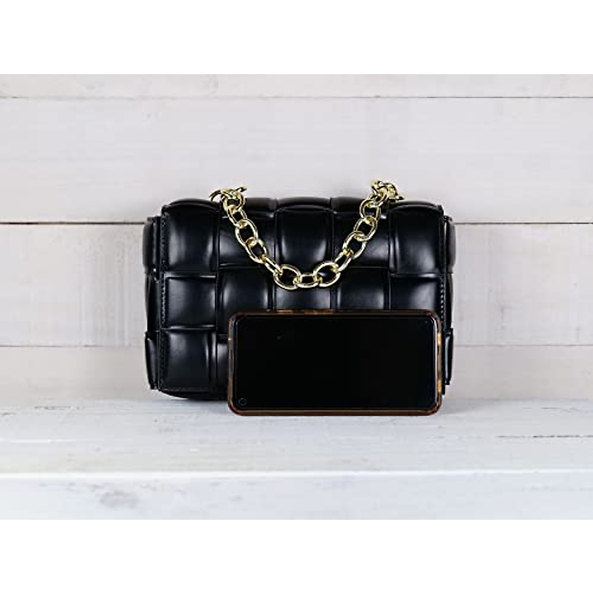 Bella Luna Woven Padded Cassette-Style Crossbody Handbag Purse for Women with Chain Bag (Black-Chain)