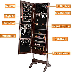 SUPER DEAL 2in1 Free Standing Jewelry Cabinet Lockable Full-Length Mirrored Jewelry Armoire with 5 Shelves Large Storage Capacity Organizer, 4 Angles Adjustable (Brown)
