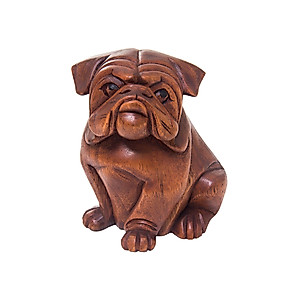 OMA Hand Carved Dog Bulldog Statue Figurine Solid Wood Sitting Dog Statue Home Decor Gift