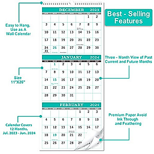 2023-2024 Wall Calendar - 3-Month Display Calendar July 2023- June 2024 (Folded in a Month), 11.3" x 26" (When Opened), 3 Month Calendar, Wall Calendar 2023-2024, 3 Month Vertical Calendar with Thick Paper