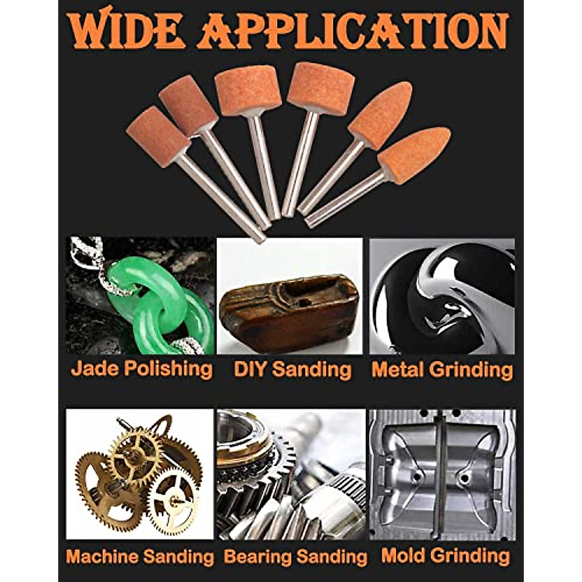 SHITIME 60 Pack Grinding Stone Set 1/8" Shank, Sanding Drill Bit for Rotary Tool Flap Wheel for Grinding, Polishing, Deburring Ferrous Metal, 2 Shaped and 3 Sizes(Orangage, Aluminum Oxide)