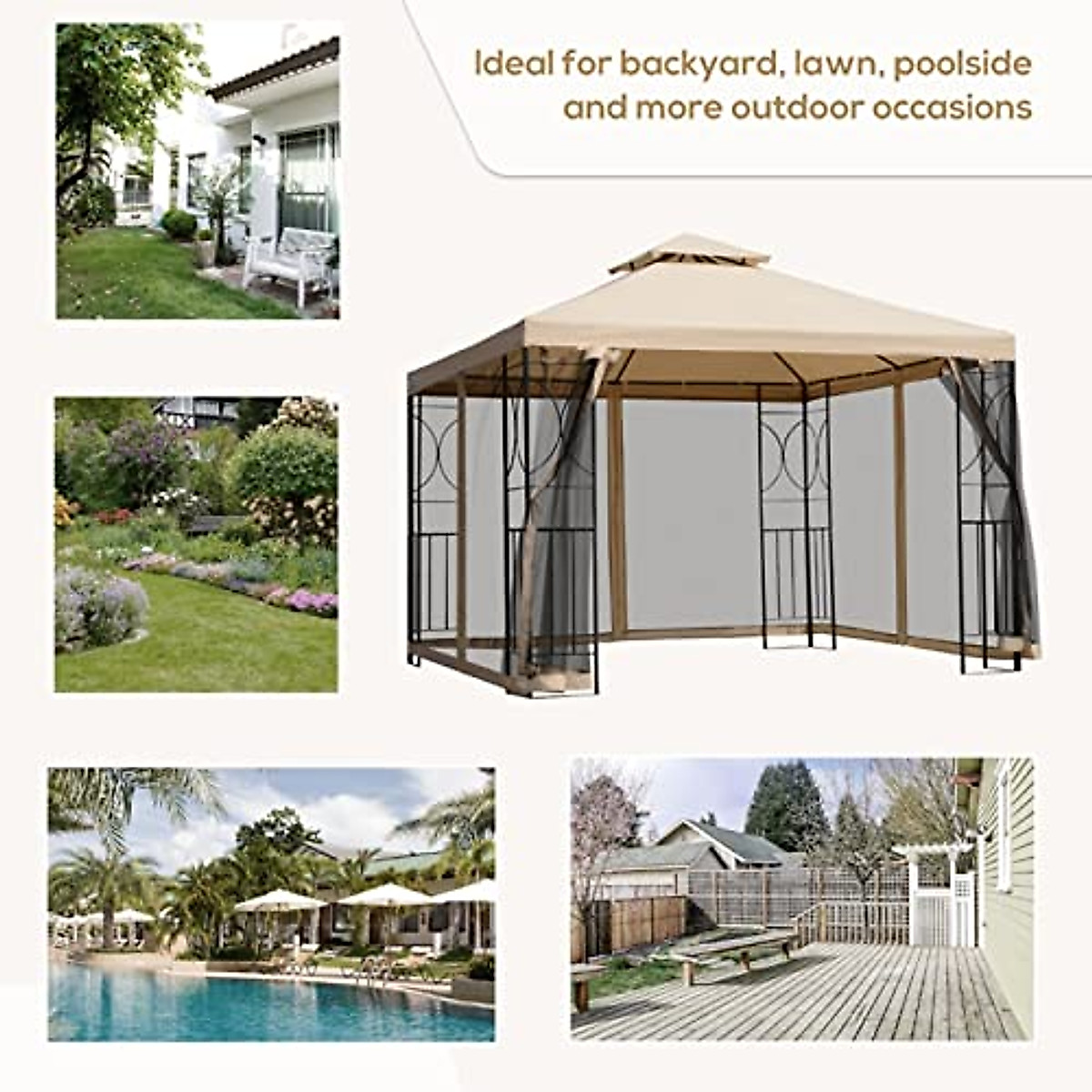 RUIZE 10×10 Ft Hardtop Gazebo Galvanized Steel Canopy with Netting and Shaded Curtains Aluminum Frame Polycarbonate Hardtop Gazebo for Backyard, Patio, Garden