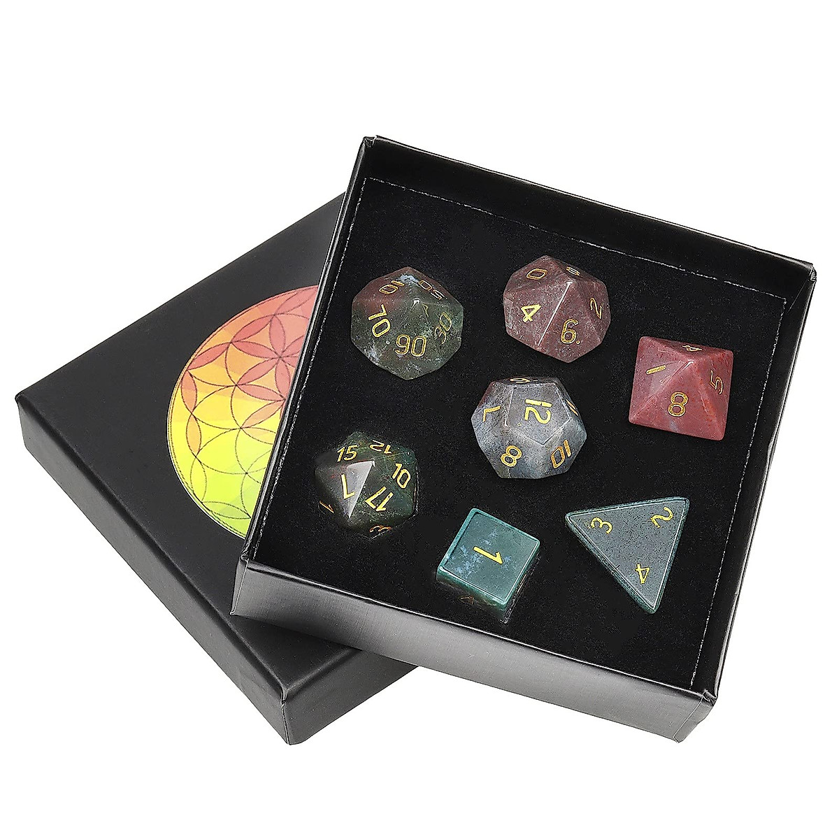 Yatming Set of 7 Healing Crystal Polyhedral DND Dice for RPG MTG Table Games, Handmade Indian Agate Stone Dice Set with Box for Collection Display Home Decor