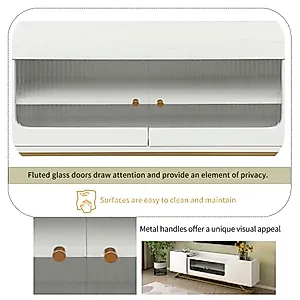 FridayParts Sleek Design 63.07" TV Stand with Fluted Glass, Contemporary Entertainment Center for TVs Up to 65", Faux Marble Top TV Console Table with Gold Frame Base, White