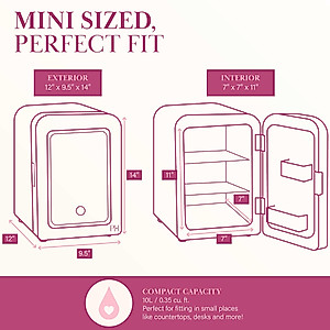Paris Hilton Refrigerator and Personal Beauty Fridge, Mirrored Door with Dimmable LED Light, Thermoelectric Cooling and Warming Function for All Cosmetics and Skincare Needs, 10-Liter, White