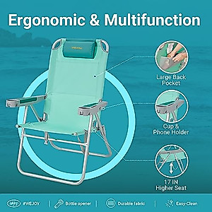 #WEJOY 17 in Oversized Beach Chair, 5 Adjustable Reclining Folding Backpack Beach Chairs for Adult, High Back Seat Chair with Bottle Opener,Handle Strap,Phone&Cup Holder for Camping Sand,300 Lbs