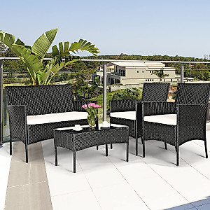 HAPPYGRILL 4PCS Patio Furniture Set Rattan Wicker Conversation Set Outdoor Patio Table Chair Set Wicker Sofas and Coffee Table Set for Garden Lawn Poolside