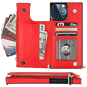 Bocasal Crossbody Wallet Case for iPhone 13 Pro Max with RFID Blocking Card Slot Holder, Magnetic Flip Folio Purse Case, PU Leather Zipper Handbag with Detachable Lanyard Strap 6.7 Inch 5G (Red)