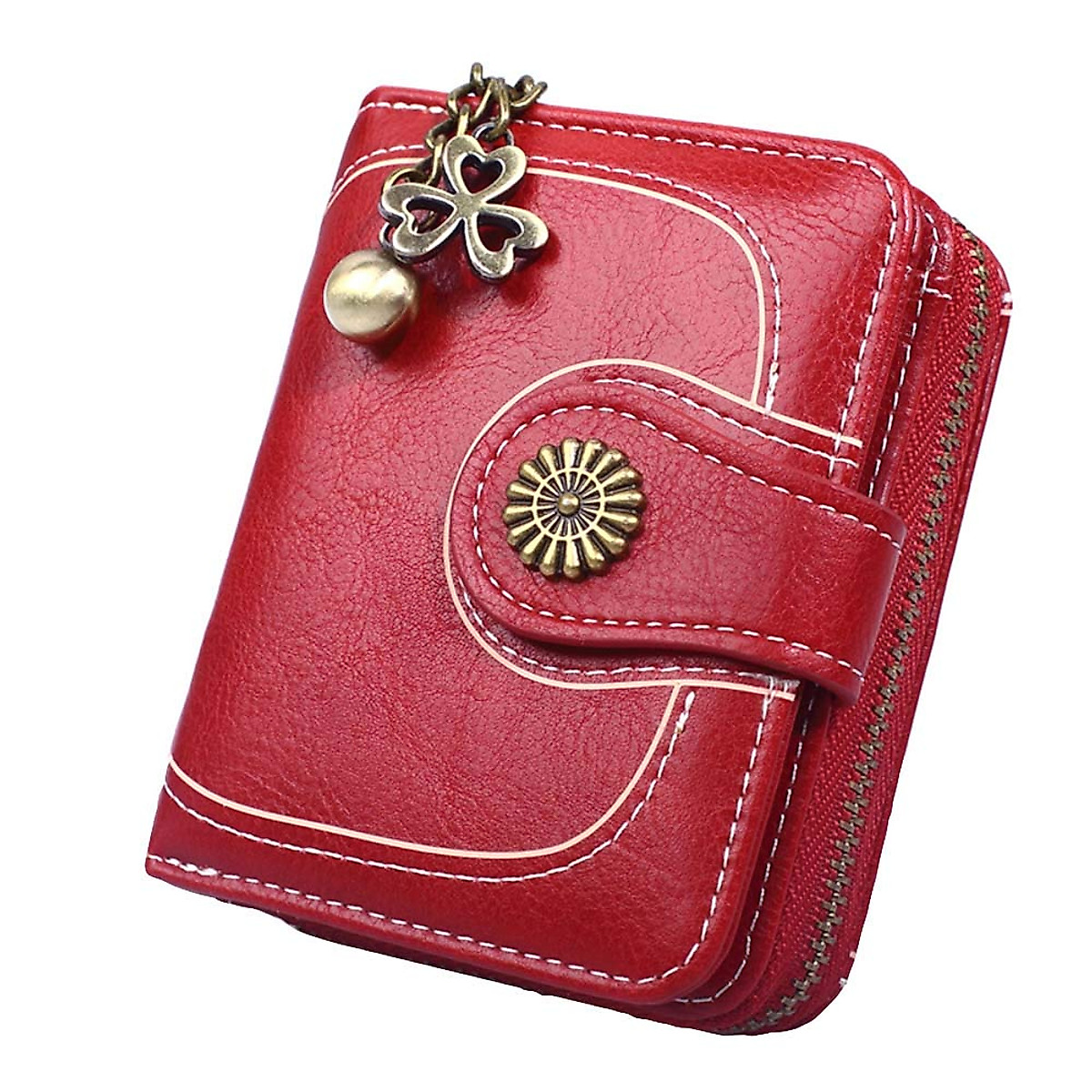 AkoMatial Solid Color Shamrock Short Woman Multi Slots Clutch Wallet Hose Wine Red