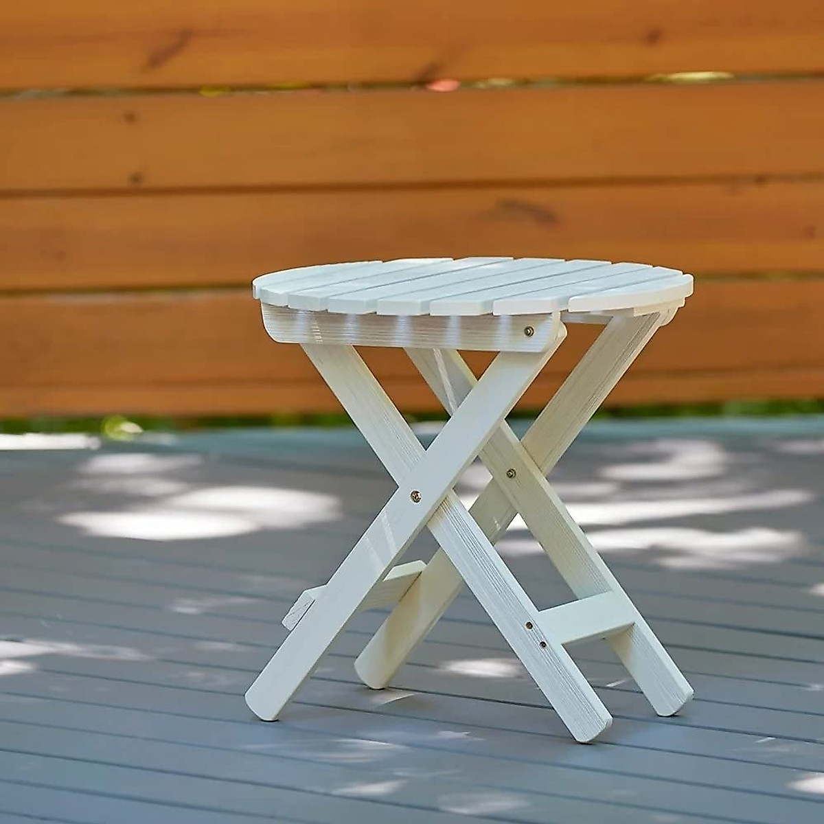 Classic Design Adirondack Round Folding Patio Table with Slated Top & Genuine Cedar Wood Construction | Bright White Color Weatherproof Finish Best for Indoor Outdoor Use | Water & Rust Resistant
