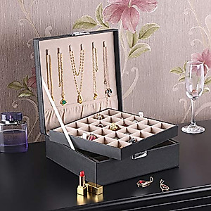 BEWISHOME Earring Organizer Holder for Cufflinks, Rings, Pendants, Chain - 50 Slots Case, 6 Necklace Hook, 2 Stackable Trays - Elegant Jewelry Storage Box for Girls Women, Black Faux Leather SSH11B
