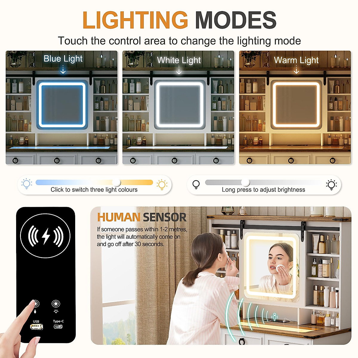 HNEBC Farmhouse Makeup Vanity Desk with Sliding Mirror and Lights,40" W Glass Tabletop Vanity Table with Charger,LED Vanity Set with Jewelry Armoire,6 Drawers,10 Shelves,Adjustable Cabinet