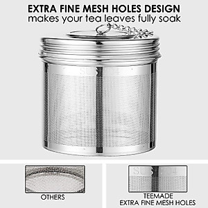 TEEMADE Large Tea Infuser - 304 Stainless Steel Tea Filter with Threaded Lid & Chain Hook - Ideal for Loose Leaf Tea, Cooking, and More - Extra Fine Mesh Holes Tea Strainer for Herbs, Iced Tea & Soup