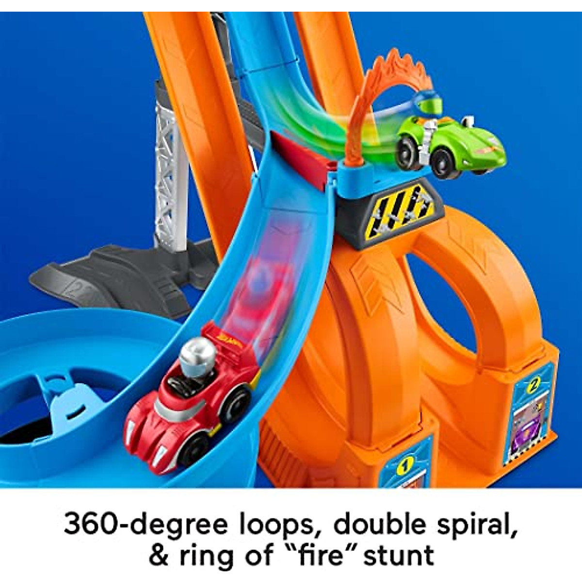 Fisher-Price Little People Toddler Playset Hot Wheels Racing Loops Tower Race Track with Stunt Ramp & Sounds for Ages 18+ Months