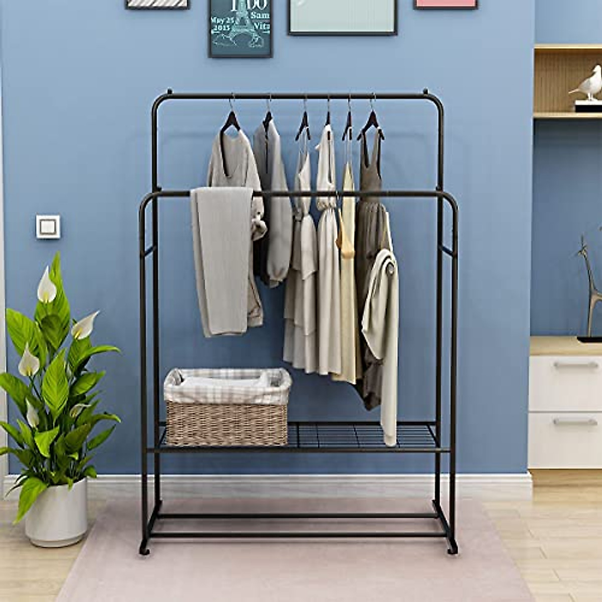 Ustamio Clothes Rack with Double Rods & Double Bottom Shelves, Simple Houseware Metal Portable Clothing Hanging Garment Rack 43.3'' Inches for hanging dresses, suits and shirts, Chrome (Black)