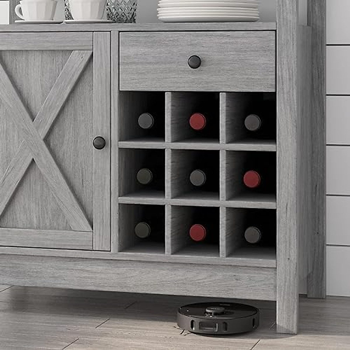 Farmhouse Coffee Bar Cabinet, 32'' Modern Kitchen Buffet Cabinet with Drawer, Coffee Station with Barn Door, 9 Wine Racks, Small Bar Cabinet with Shelf for Dining Room, Wash Gray
