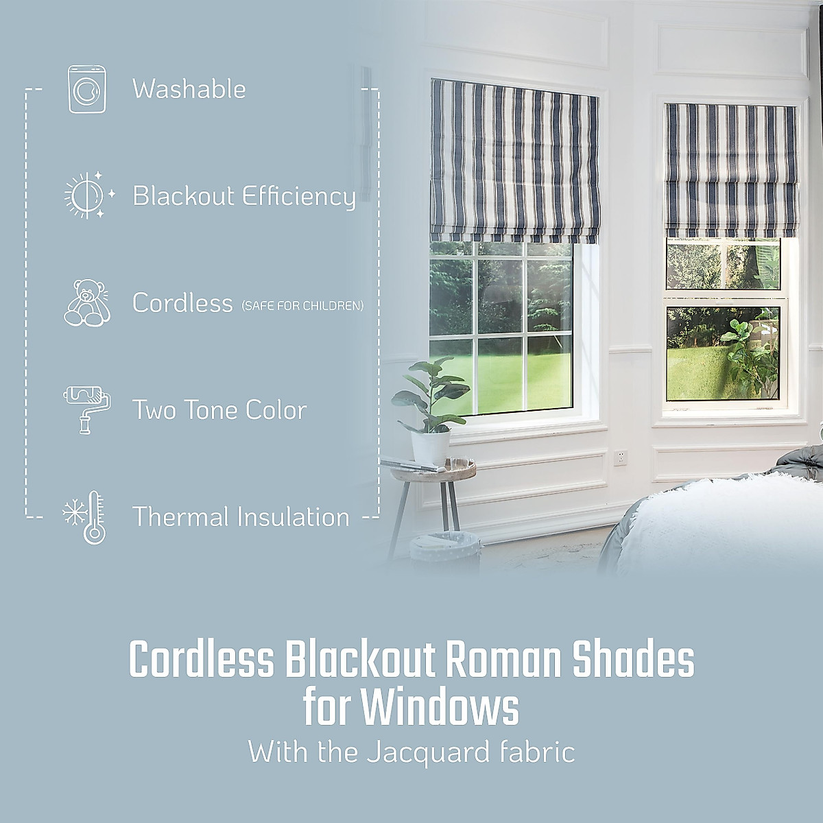 Everyday Celebration Roman Shades for Windows, 100% Blackout Shades, Cordless Pull Down Window Shades, Vertical Stripe Shades for Indoor Windows, Woven Fabric Blinds & Shades, 34" W X 64" H, (Blue)