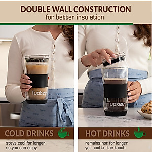 Tupkee 20 oz Double Wall Glass Tumbler With Lid – All Glass Reusable Insulated Hand Blown Glass Travel Mug - For Coffee, Tea, Boba, Iced Coffee, and Smoothie Cup To Go – Black