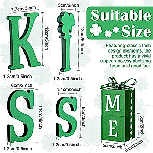 5 Pcs St Patricks Day Decorations Kiss Me Letter Wooden Sign Farmhouse Irish Table Decor with Green Four Leaf for Gift Desk Home Office Supplies Party Rustic Decor