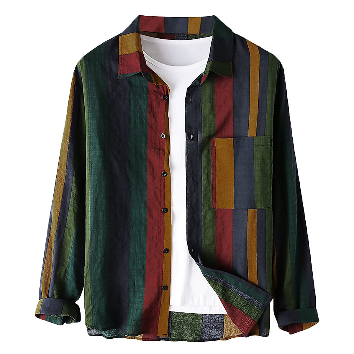 Striped Shirt for Men Vintage Button Up Long Sleeve Casual Dress Shirts Regular Fit Big and Tall Retro Cotton T-Shirts