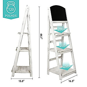 NO MORE TAG 3 Tier Ladder Shelf, Industrial Plant Shelf with Blcakboard, Wooden Shelf with Stable Frame Plant Stand Storage Rack Shelf, White