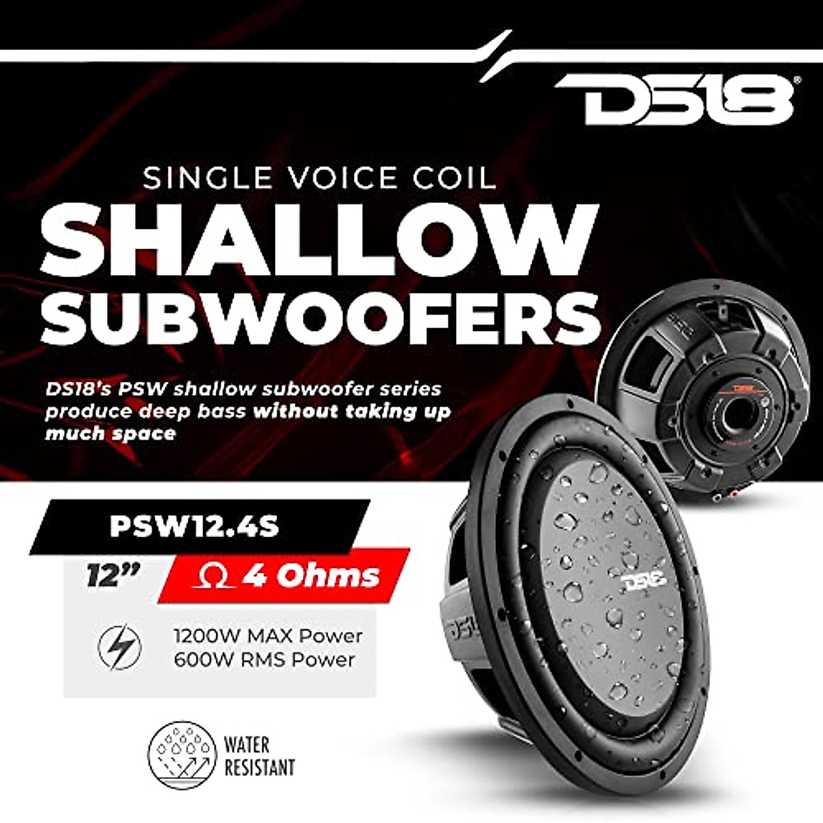 DS18 PSW12.4S 12" Shallow Mount Subwoofer 1200 Watts Max Power 600 Watts RMS Single Voice Coil 4 OHMS Water Resistant - Best Sub for Tight Spaces in Car & Trucks - 1 Speaker