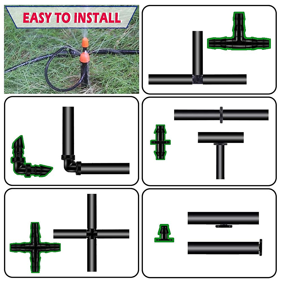 Irrigation Fittings Kit, Hoomtry Drip Irrigation Barbed Connectors for 1/4-Inch Tubing Flower Pot Vegetable Garden Lawn（Straight Barbs, Tees, Elbows, End Plug, 4-Way Coupling）