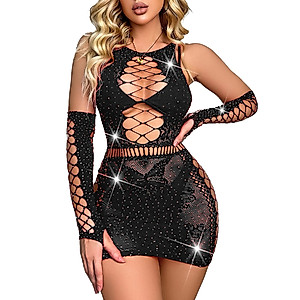 Avidlove Fishnet Lingerie Womens Mesh Chemise One Piece Babydoll Mini Dress Lace Sparkle Rhinestone Lingeries for Women Black