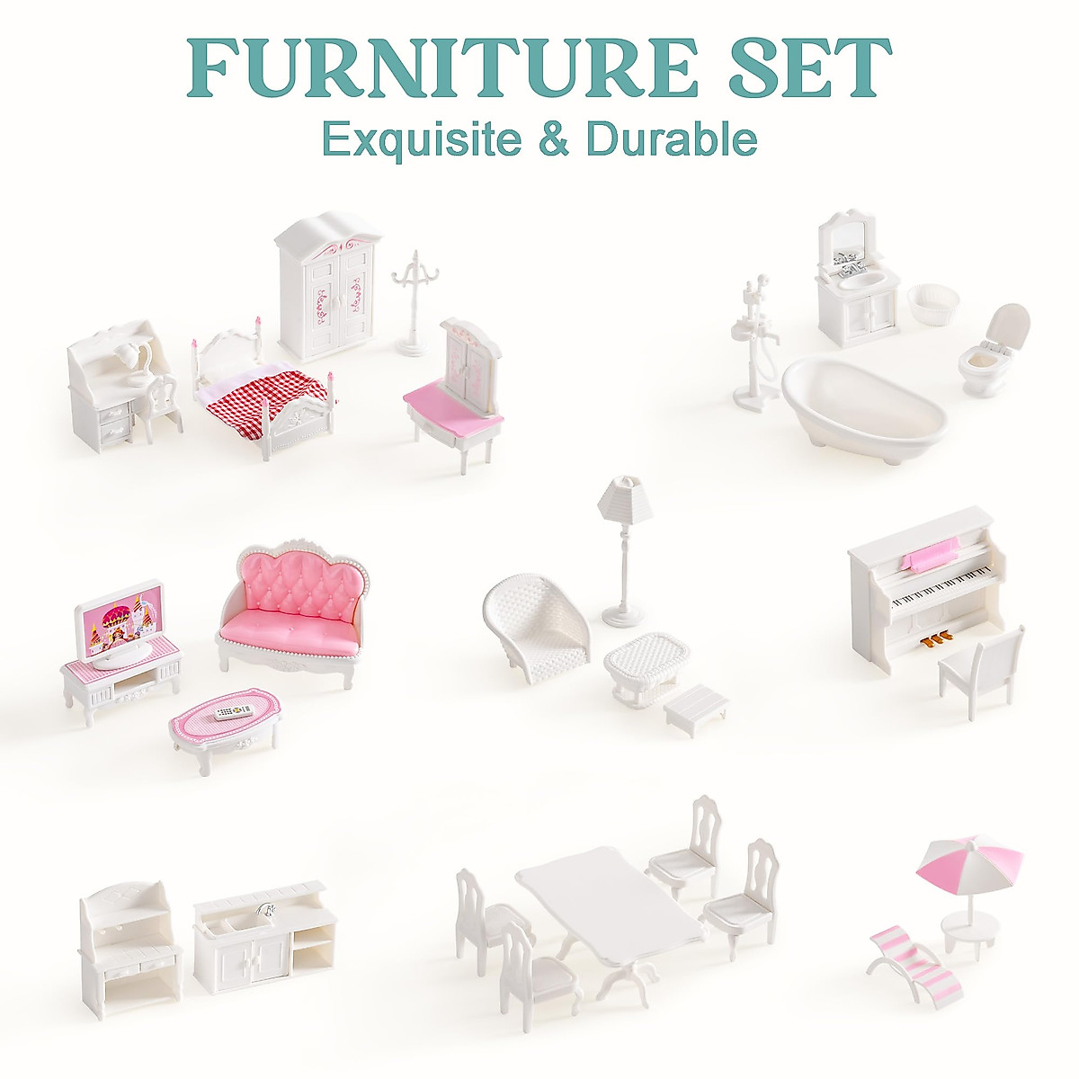 ROBUD Wooden Dollhouse for Kids Girls, Toy Gift for 3 4 5 6 Years Old, with Furniture