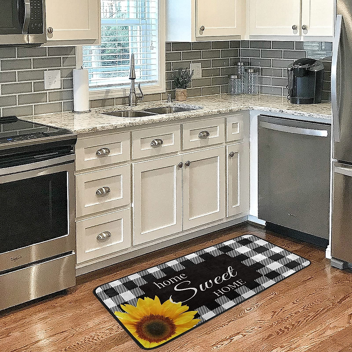 Black White Buffalo Plaid Check Kitchen Rugs Non Slip Sunflower Kitchen Mats Bathroom Rug Doormats for Home Decor, Washable, 39 x 20 Inch