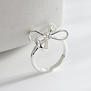 Chic 3D Bow Knot Open Statement Rings 925 Sterling Silver for Women Minimalist Butterfly Knot Promise Engagement Eternity Ring Finger Band Adjustable Cute Jewelry