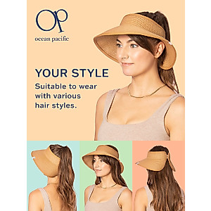 Ocean Pacific Beach Roll Up Straw Sun Hat Visor for Women, Sun Protection UPF 50 (Natural)