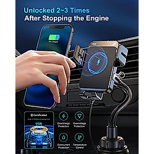 Wireless Car Charger, Cup Holder Wireless Charger, Tollefe 15W Qi Fast Charging Phone Holder, Auto Clamping Height Adjustable Non-Shaking Phone Mount for iPhone 14 13 12 Pro Max X XR, Samsung S22 S21