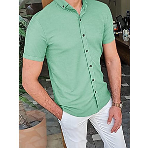 Mens Dress Shirts Button Down Short Sleeve Casual Stretchy Regular Fit Knitted Elastic Business Summer Tops for Men Green