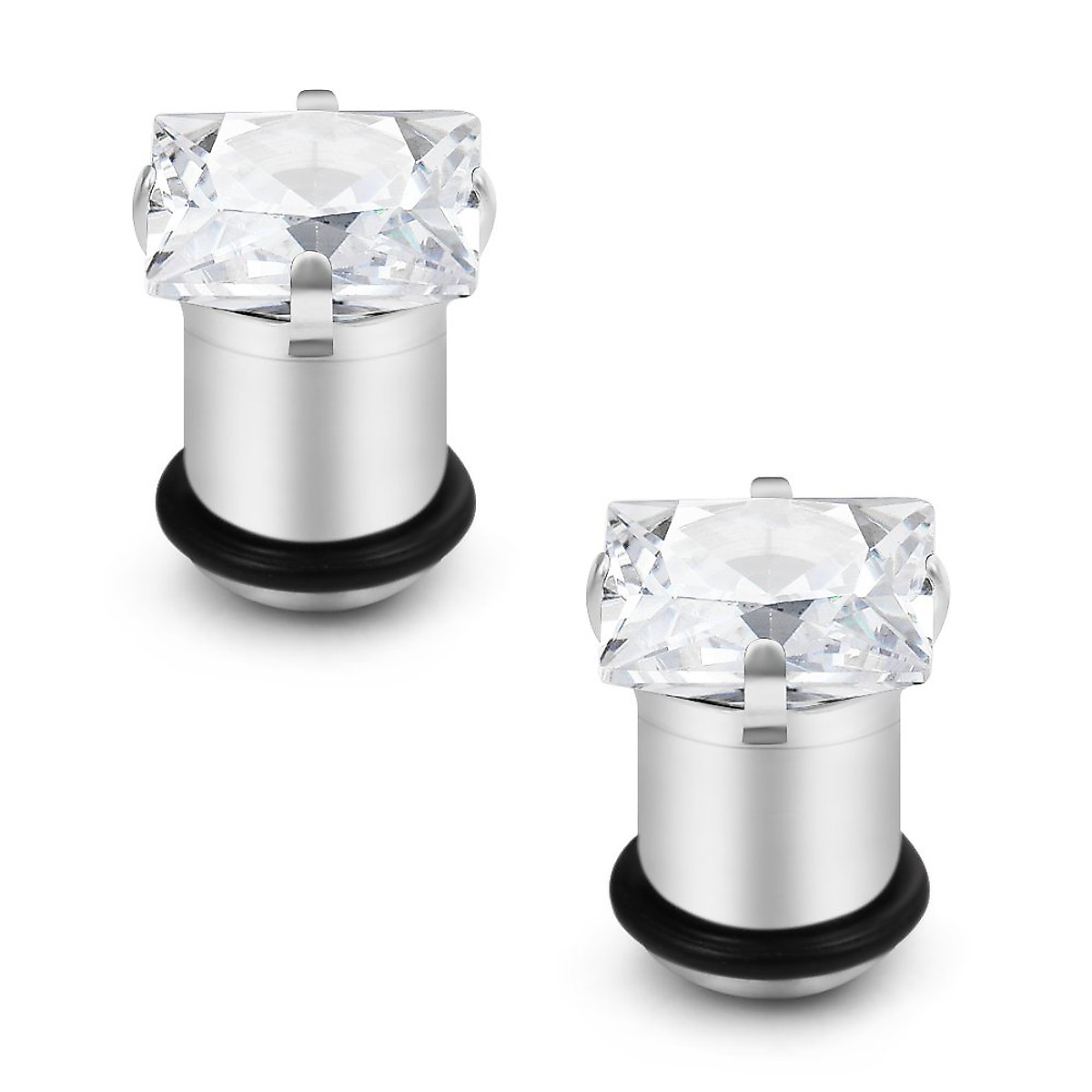 Ruifan 316L Surgical Steel Single Flare Prong Set Clear Square CZ Ear Stretcher Expander Plugs Piercing Gauge with O-Ring 0G(8mm)- Sold As a Pair