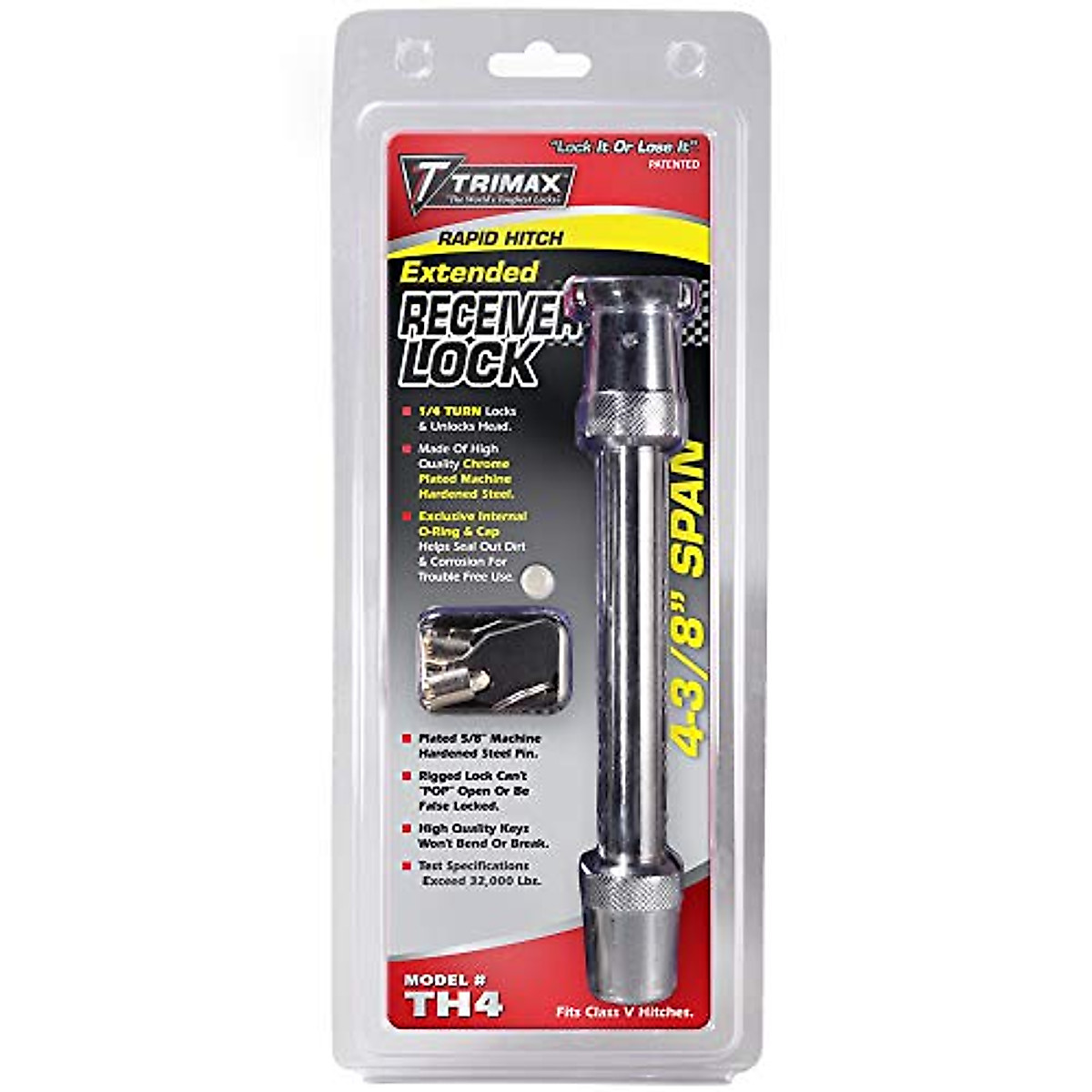 Trimax TH4 5/8" x 4-3/8" Diameter Premium Keyed Receiver Lock, Silver