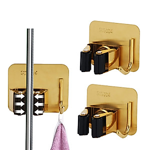 Blueden Mop and Broom Organizer Wall Hanging No Drill,Metal Utility Tool Hangers Wall Mountable,Garage Closet Organizer Heavy,Storage Rack Self Adhesive 2Pcs for Bathroom, Kitchen, Office,Laundry.Gold