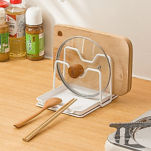 Poeland Pot Lid Holder, 2 Layers Pot Lid Organizer Multifunctional Lid and Spoon Rest Rack with Drip Tray for Pot Lids, Spatulas, Spoons, Cutting Boards