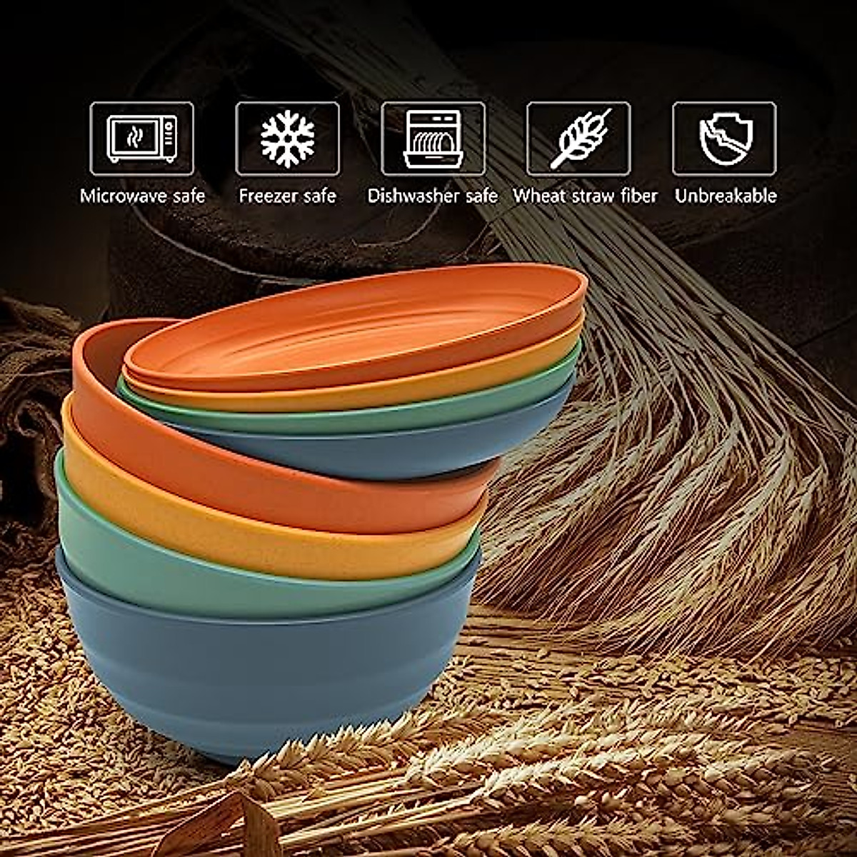 Yemyep Wheat straw Dinnerware sets, Unbreakable Lightweight Bowls and Plates, Reusable, Microwave&Dishwasher Safe, BPA Free, Plastic Salad Bowls and Plates for Kitchen, Soup, Camping (Multi)