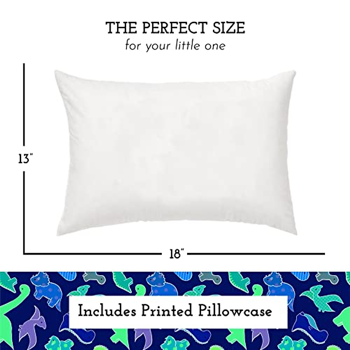 Toddler Pillow with Toddler Pillowcase - Soft Hypoallergenic - Best Pillow for Kids! Better Neck Support and Sleeping! Better Naps in Bed, a Crib, or at School! Makes Travel Comfier! (Dinosaurs Blue)