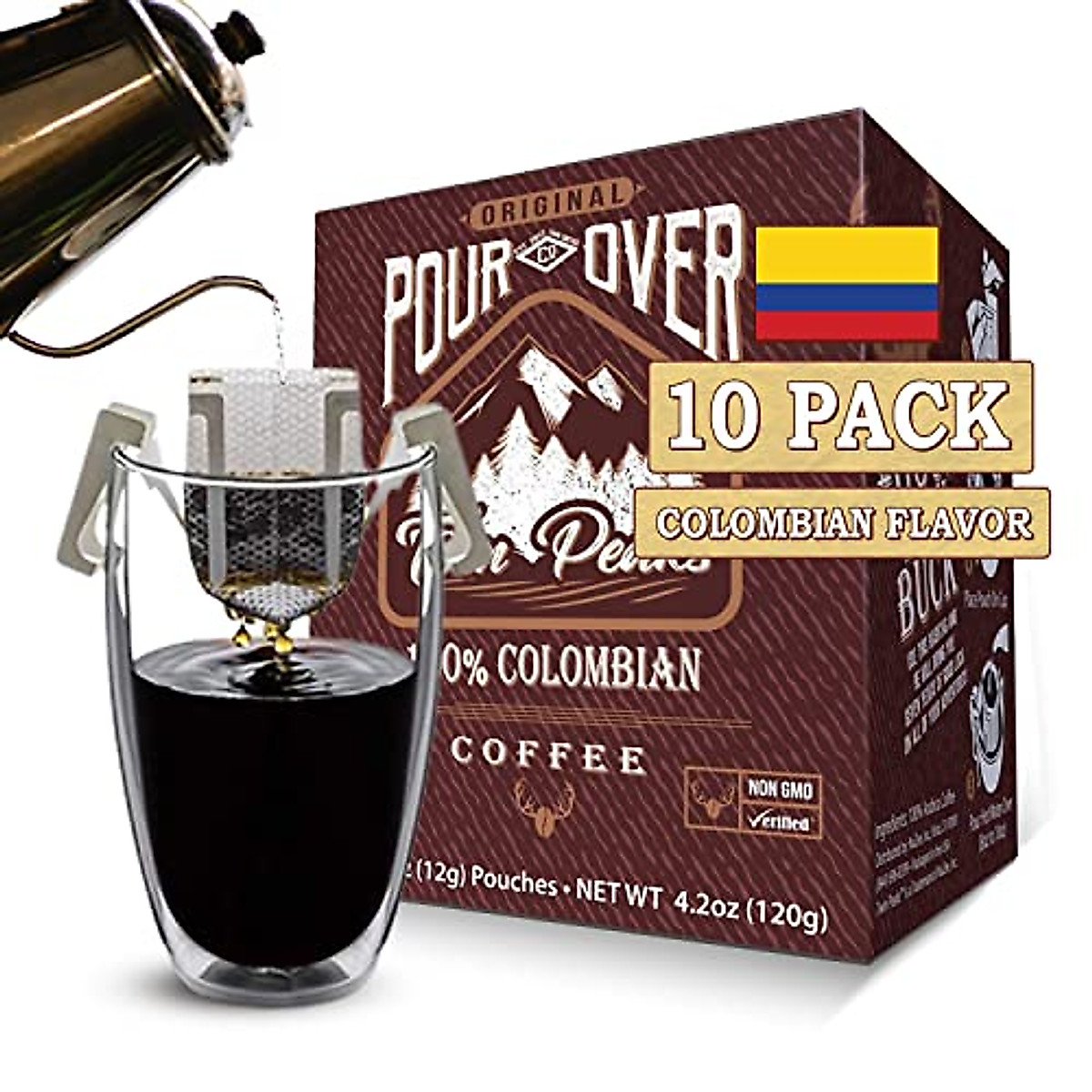 Twin Peaks Pour Over Coffee Colombian Arabica Single Serve Packet 10 Pouches in Box, Premium 100% All Natural, Non GMO