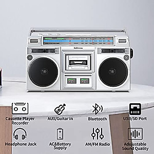 Retro Boombox Cassette Player AM/FM Shortwave Radio, Portable Cassette Tape Player Recorder, Wireless Streaming, USB/Micro SD Slots Guitar/Aux in, Convert Cassettes to USB Classic 80s Style (Silver-S)